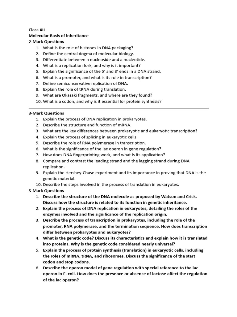 Class XII, Molecular Basis of Inheritance Worksheet | PDF | Dna ...