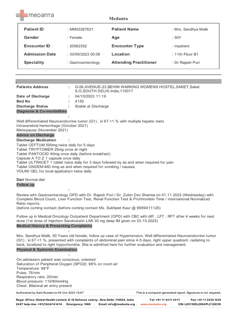 Discharge Summary: Mrs. Sandhya Malik | PDF | Health Care | Medicine