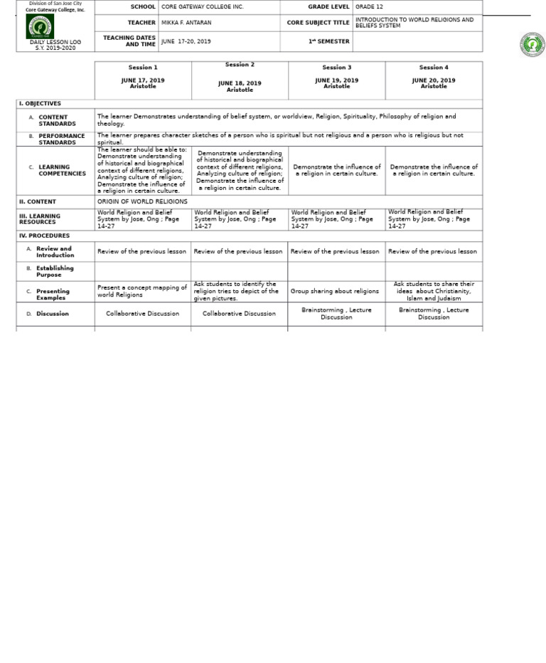 DLL Grade 12 Week 3.Docx | PDF | Theology | Learning