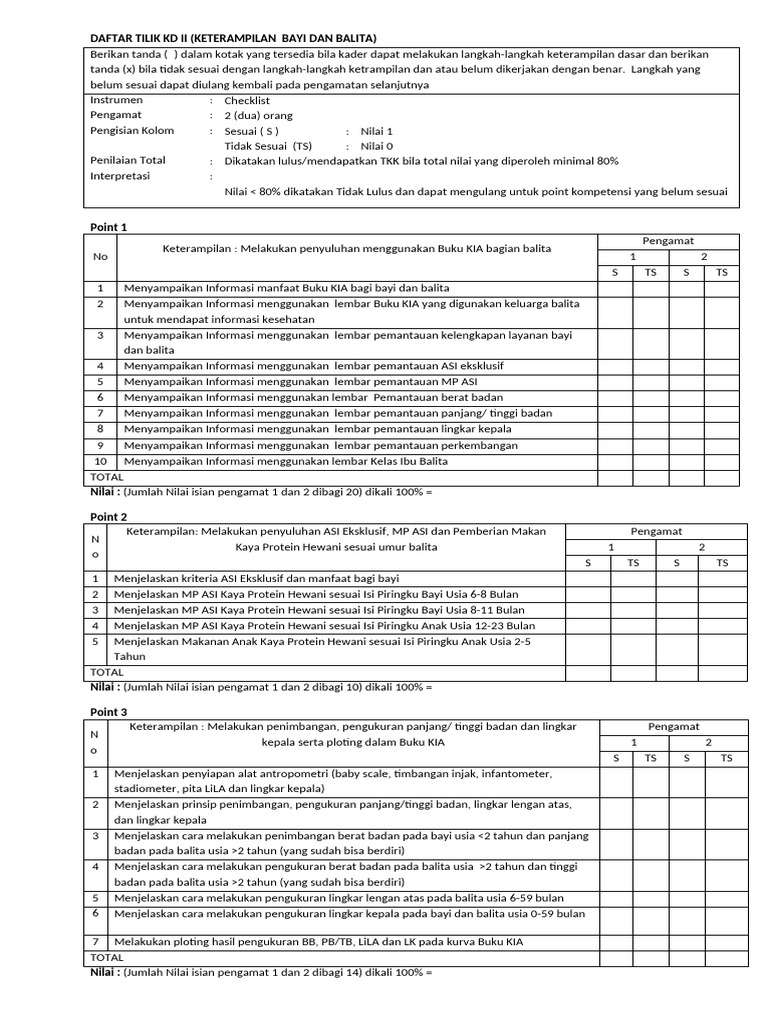 Ceklist Daftar Tilik KD II (Keterampilan Bayi Dan Balita) | PDF