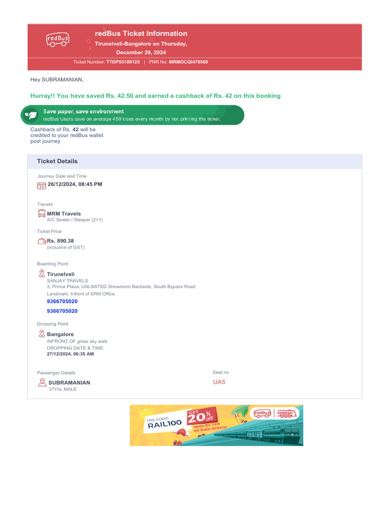 Tirunelveli to Bangalore Bus Ticket Details | PDF | Bus | Service ...