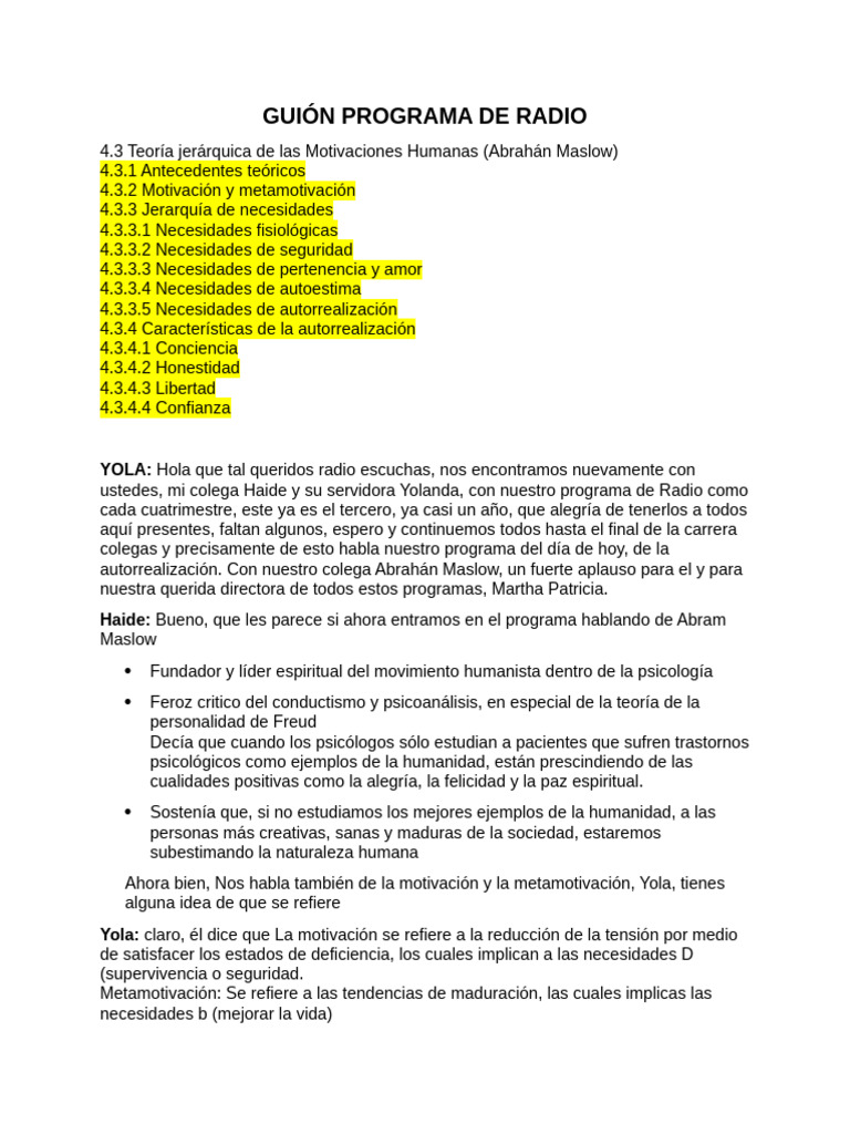 Guión Programa de Radio 3 | PDF | Autoestima | Amor