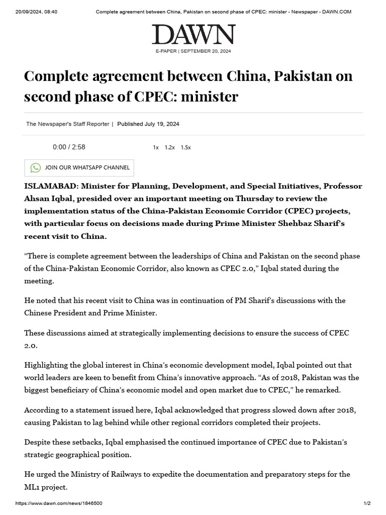 Complete Agreement Between China, Pakistan On Second Phase of CPEC - Minister - Newspaper | PDF ...