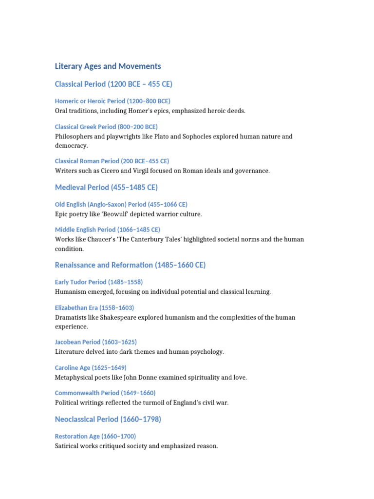 Overview of Literary Ages and Movements | PDF | English Literature ...