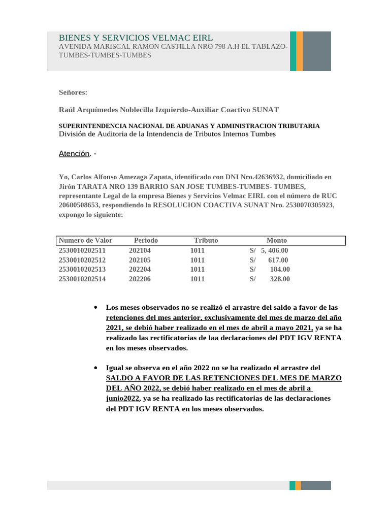 Carta de Descargo Sunat Resolucion Coactiva Diciembre 2024 - Bienes y ...