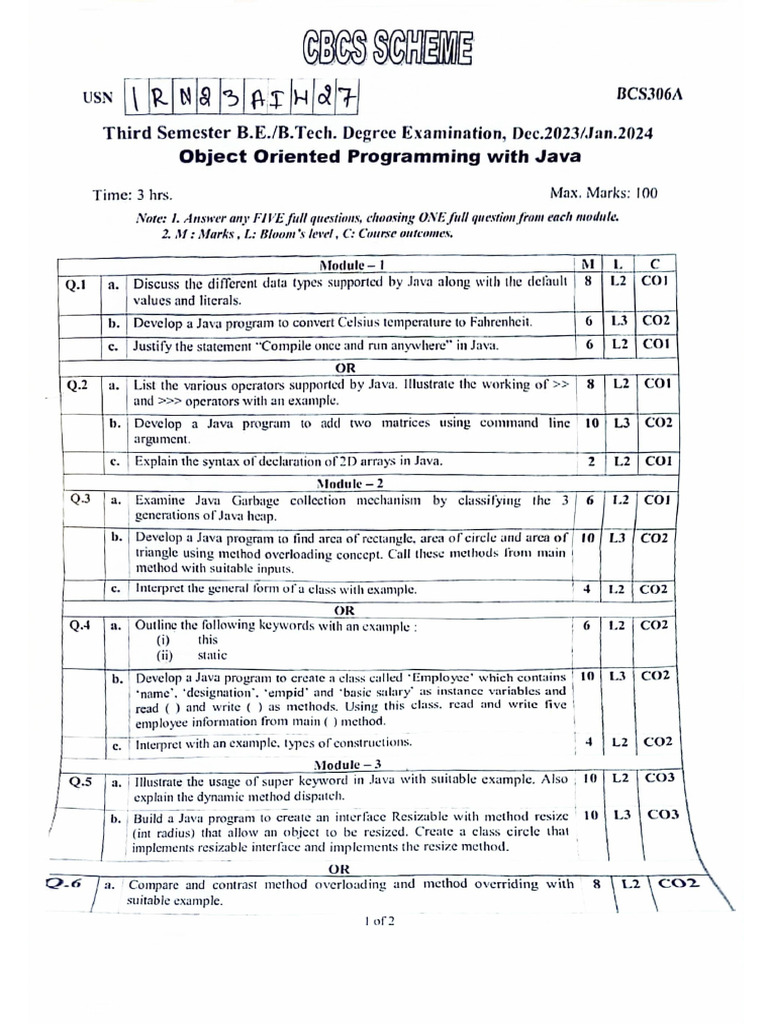 Previous Year Question Paper - OOP - Java | PDF