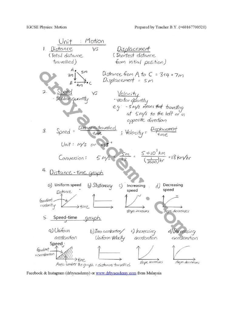 IGCSE Physics Shortnote and Example 23.12.2 Motion and Graph | PDF