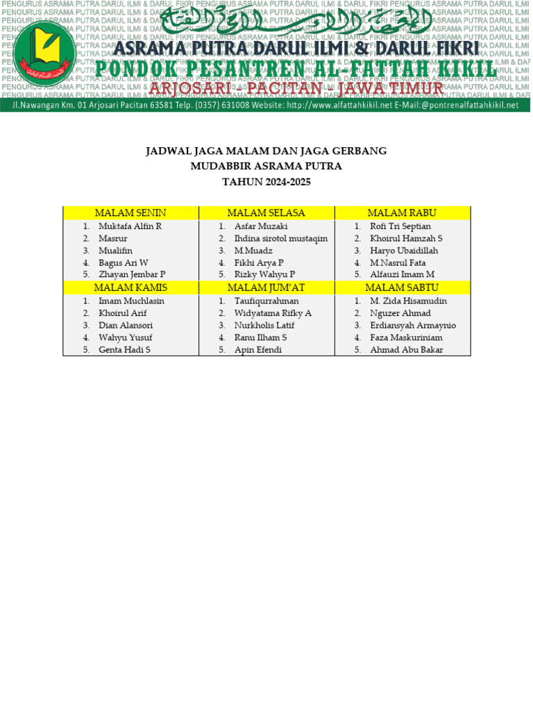 Jadwal Jaga Malam Asrama Putra 2024-2025 | PDF