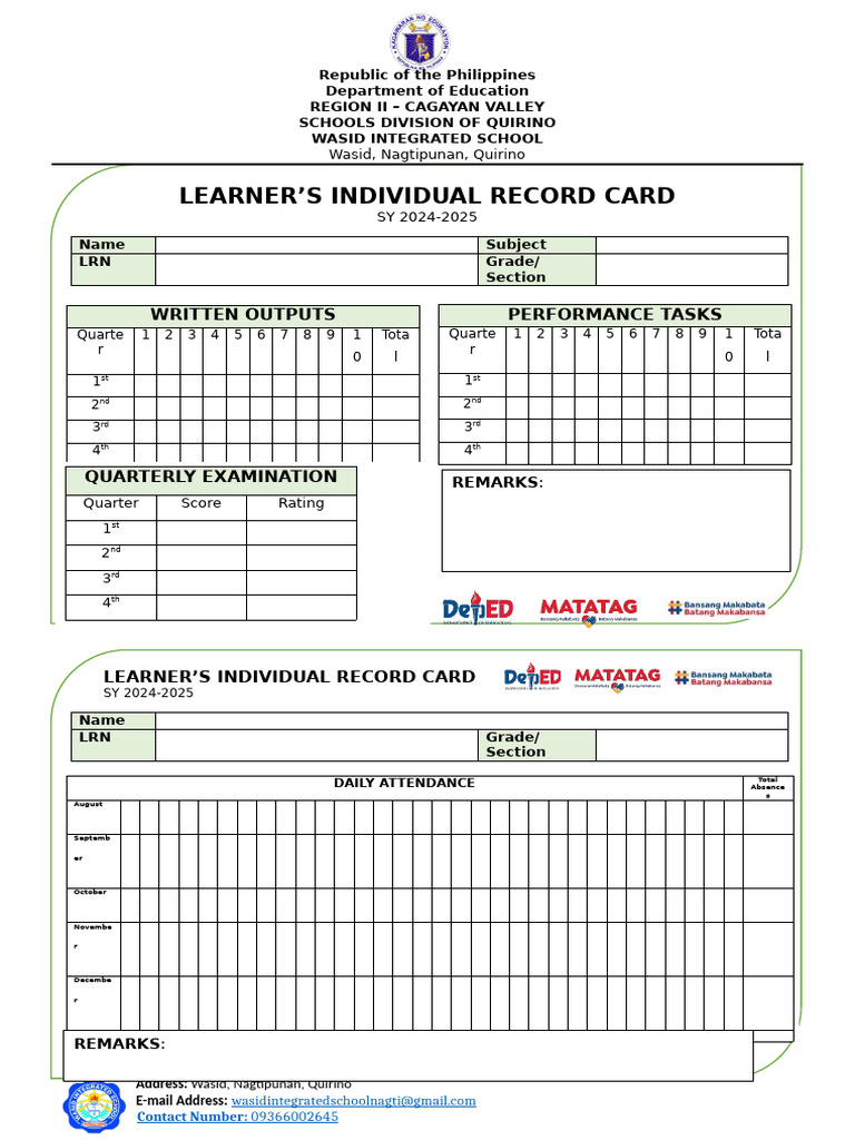 LEARNER'S INDIVIDUAL RECORD CARD | PDF
