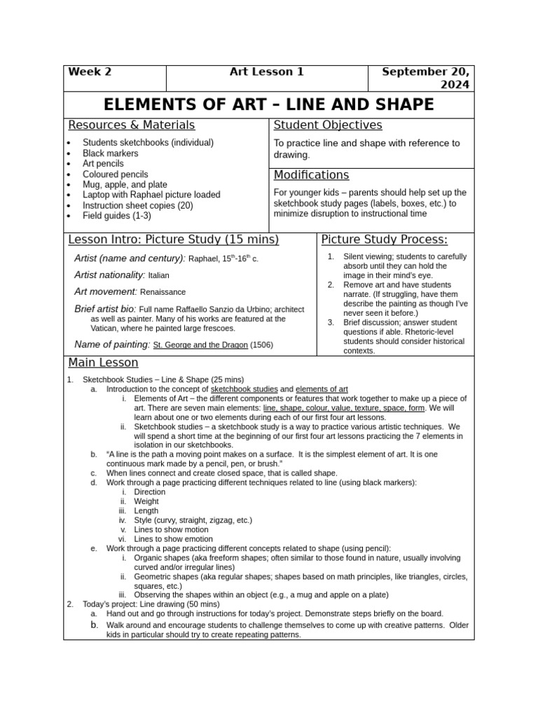 Homeschool Co-Op Art Lesson Plan - Elements of Art - Line and Shape ...