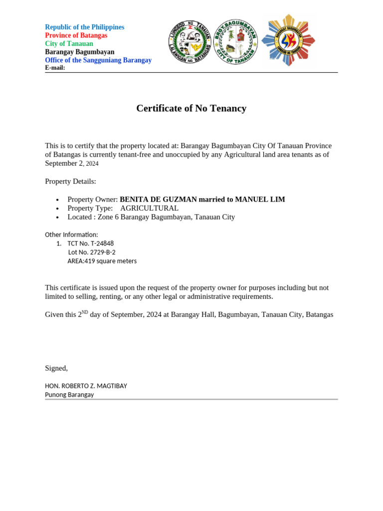 2024 No tenant-BENITA DE GUZMAN Married To MANUEL LIM | PDF