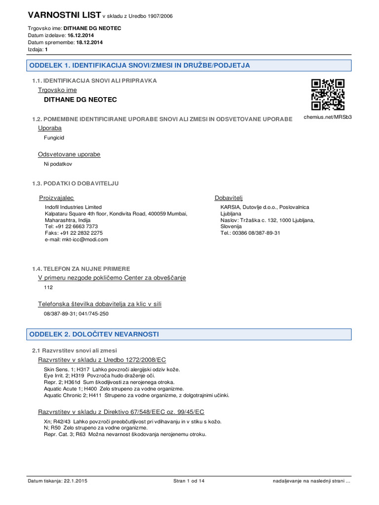 MSDS - Dithane DG Neotec | PDF