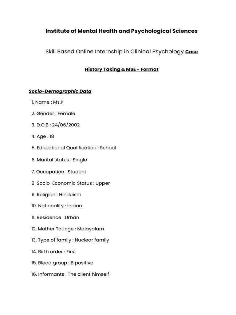 Case History Taking & MSE Format | PDF | Psychological Concepts ...