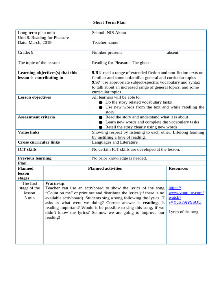 Reading for Pleasure Lesson Plan | PDF | Vocabulary | Educational ...
