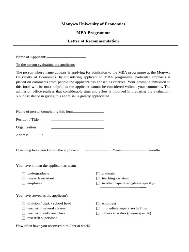MPA Letter of Recommendation Form Employee | PDF | Postgraduate ...