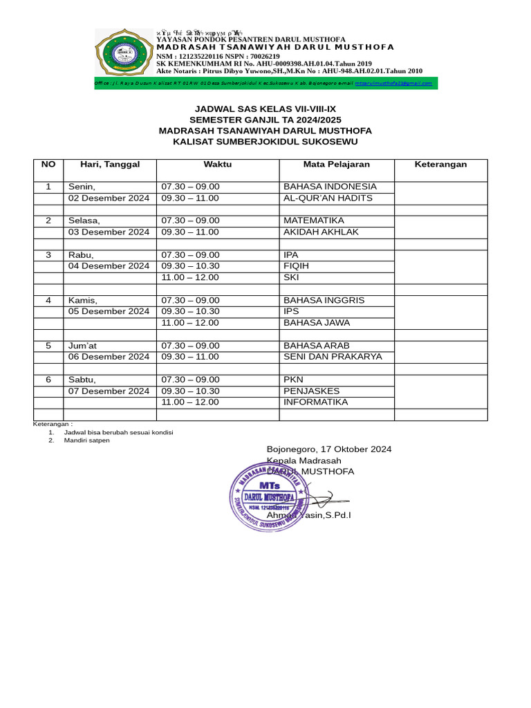 Jadwal Sas MTS DM Ganjil 2024 | PDF