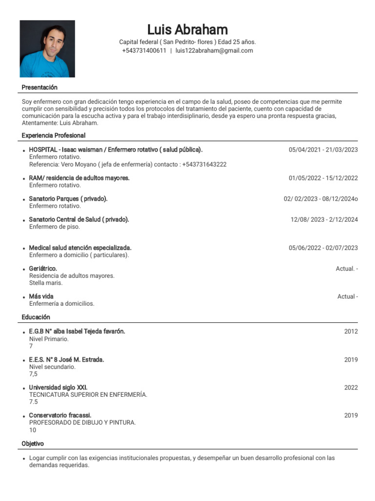 Currículum de Luis Abraham, Enfermero | PDF