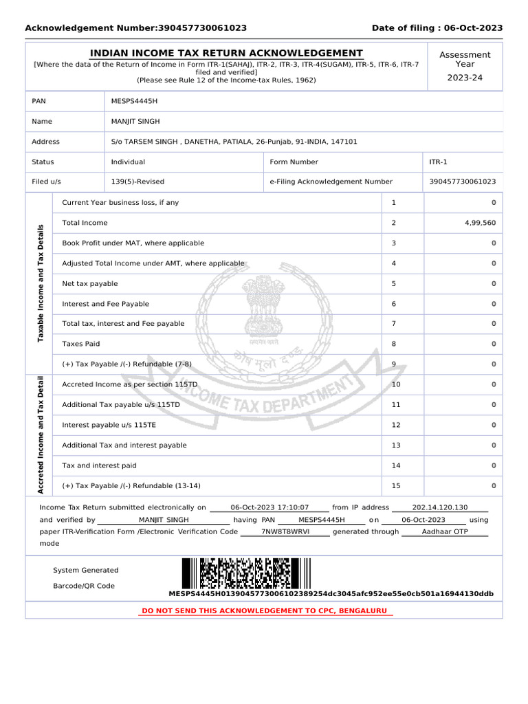 Manjit Singh Itr 2023-2024 | PDF | Taxes | Income Tax