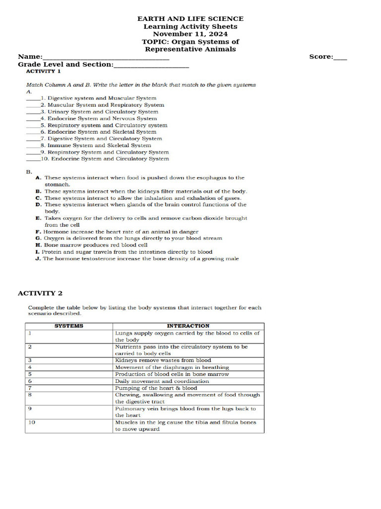 ACTIVITY ELS Organ and Systems and Process of Evolution | PDF ...