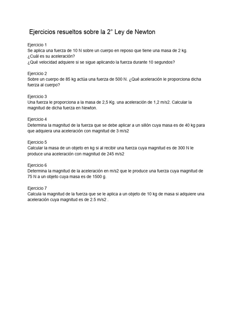 Ejercicios Resueltos Sobre La 2° Ley de Newton | PDF