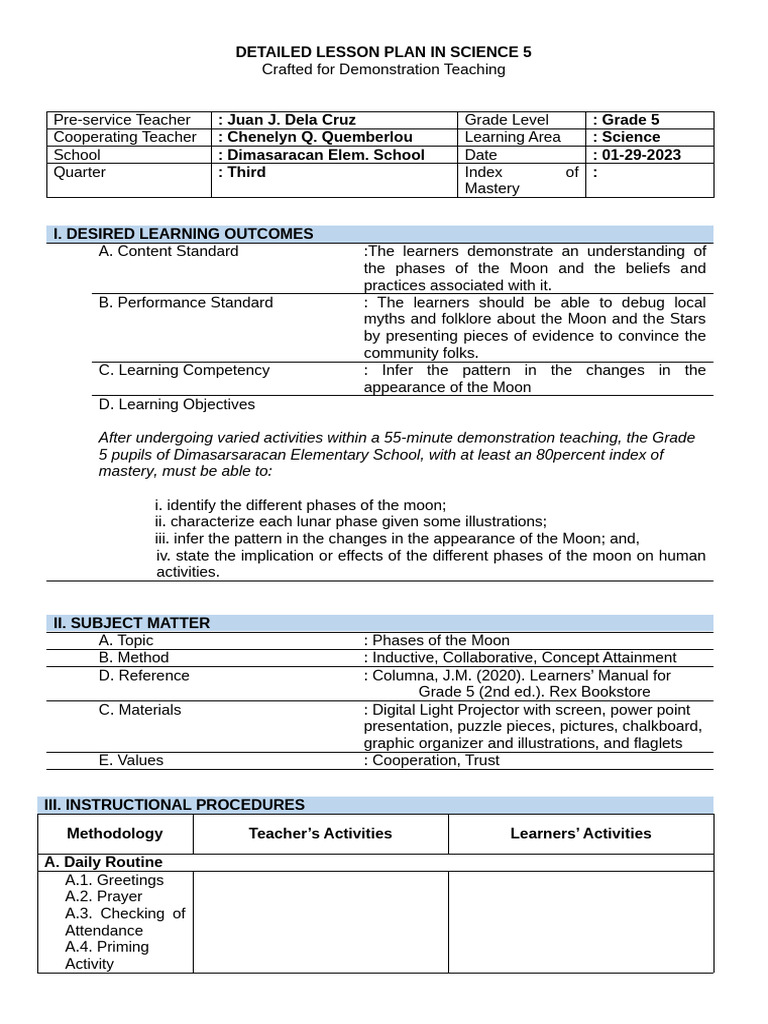 Grade 5 Science Lesson Plan: Moon Phases | PDF | Lesson Plan | Learning