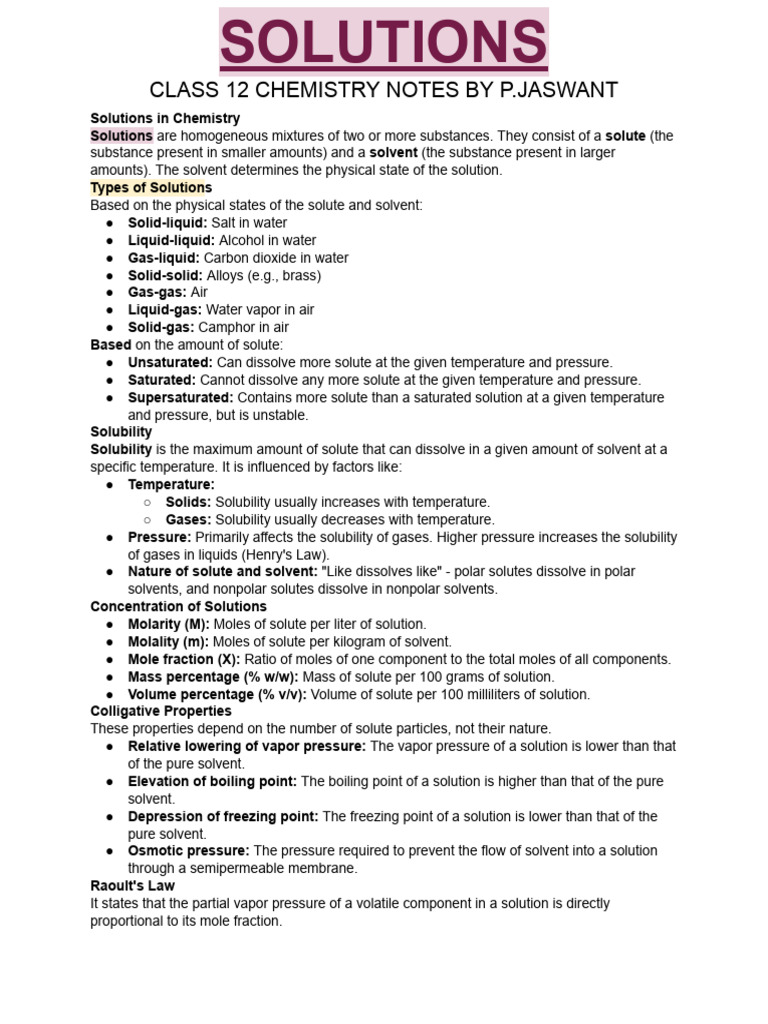 SOLUTONS notes class12 by p.jaswant (1) | PDF | Solubility | Phases Of ...