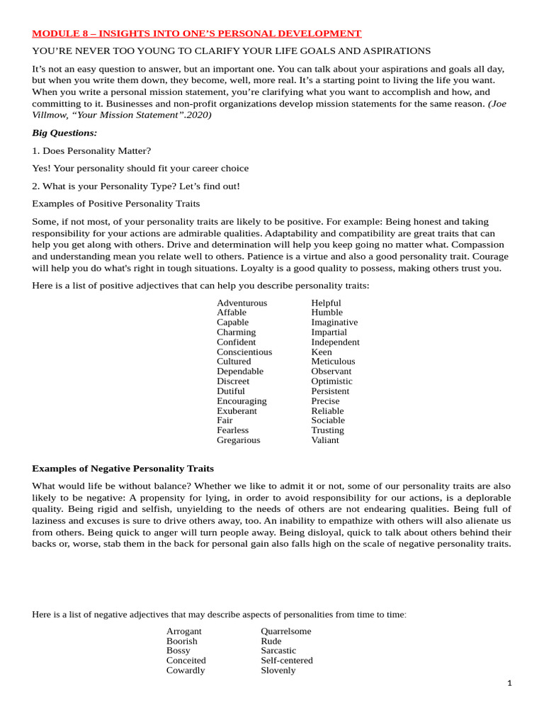 Quarter-2-Module-8-Insights-to-Ones-Personal-Development | PDF | Human Development | Psychology