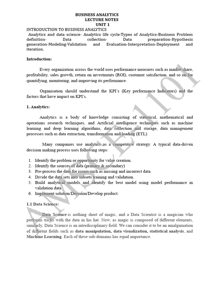 CSE 5th Semester - Business Analytics - CCW331 - Notes | PDF ...