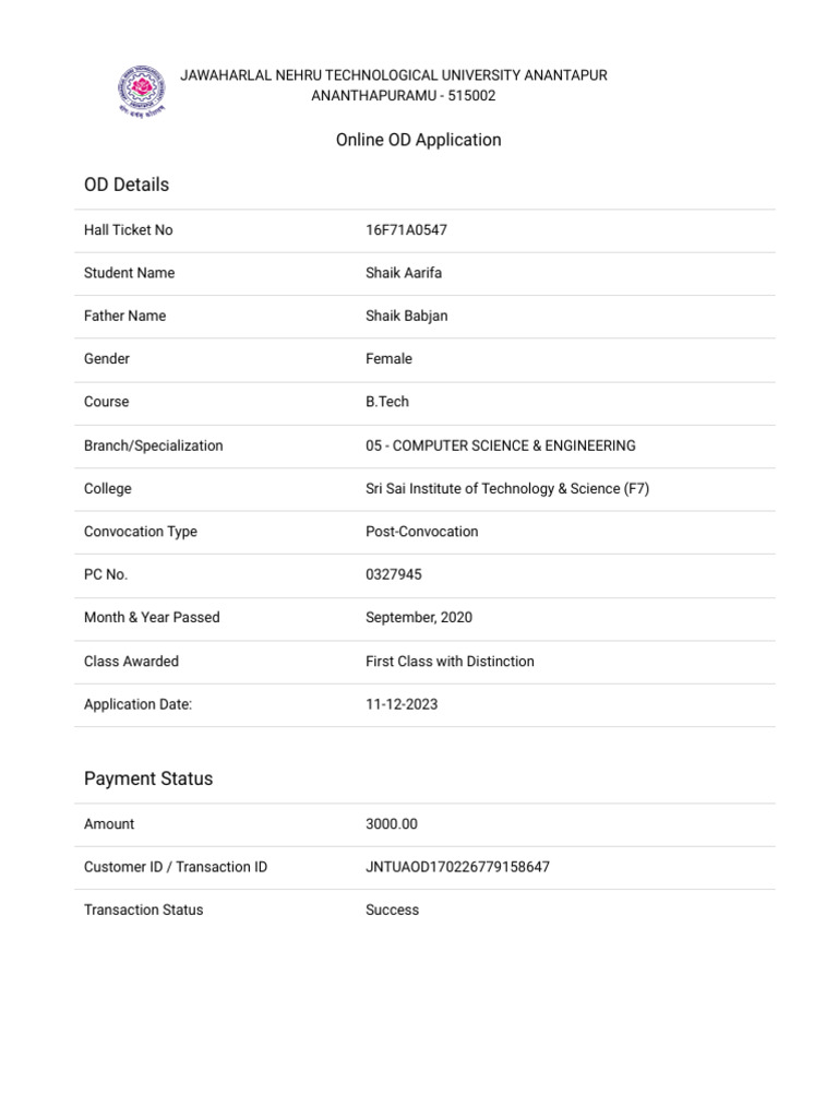 B.Tech CSE OD Application Details | PDF