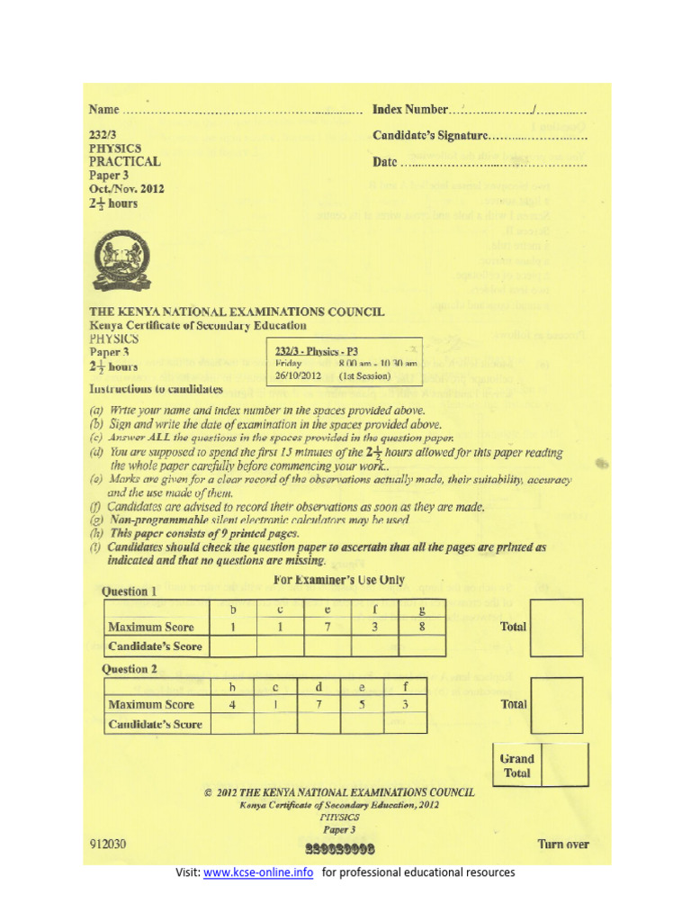 KCSE 2012 Physics Paper 3 Resources | PDF
