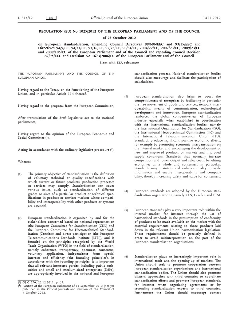 Reg. 1025-12 | PDF | European Union | Standardization