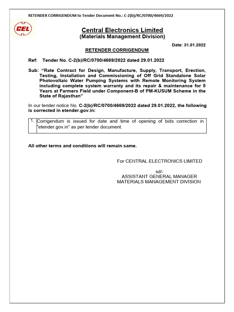 TenderDocument4669 1 | PDF | Photovoltaics | Photovoltaic System