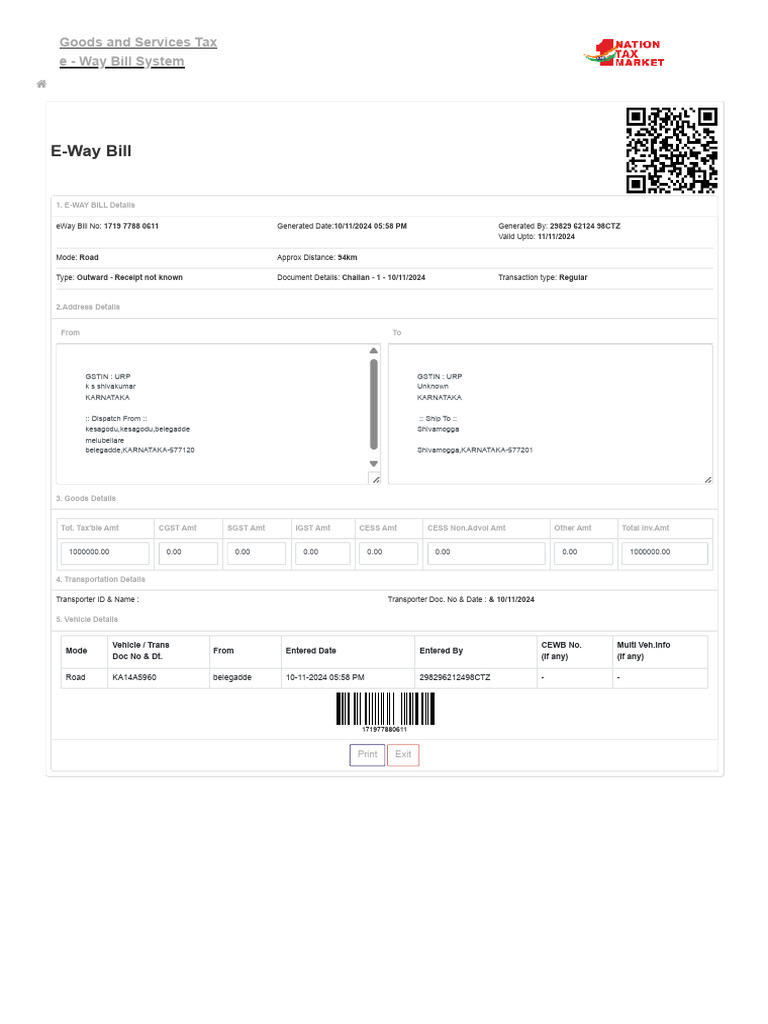 K S SHIVKUMAR EWAY BILL | PDF | Government Of India | Economy Of India