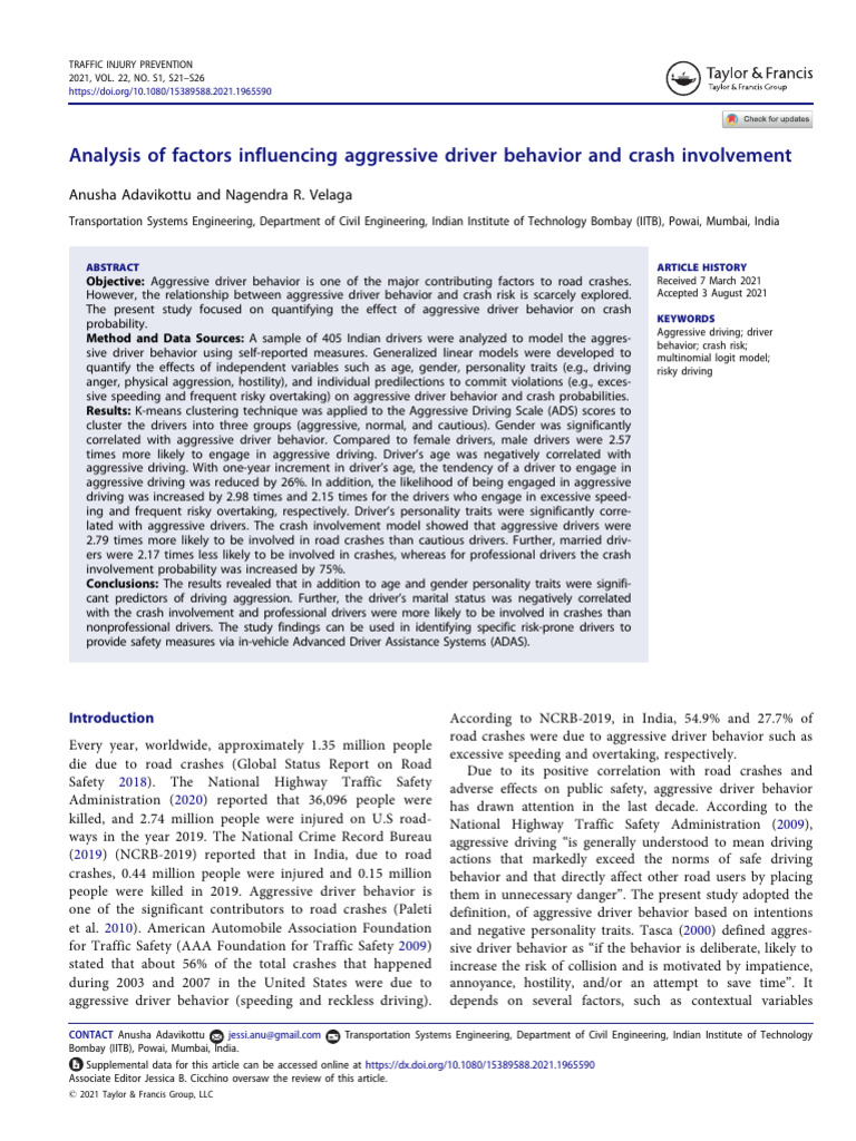 Analysis of Factors Influencing Aggressive Driver Behavior and Crash Involvement | PDF | Traffic ...