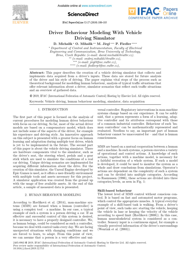 Driver Behaviour Modeling With Vehicle Driving Simulator | PDF | Simulation