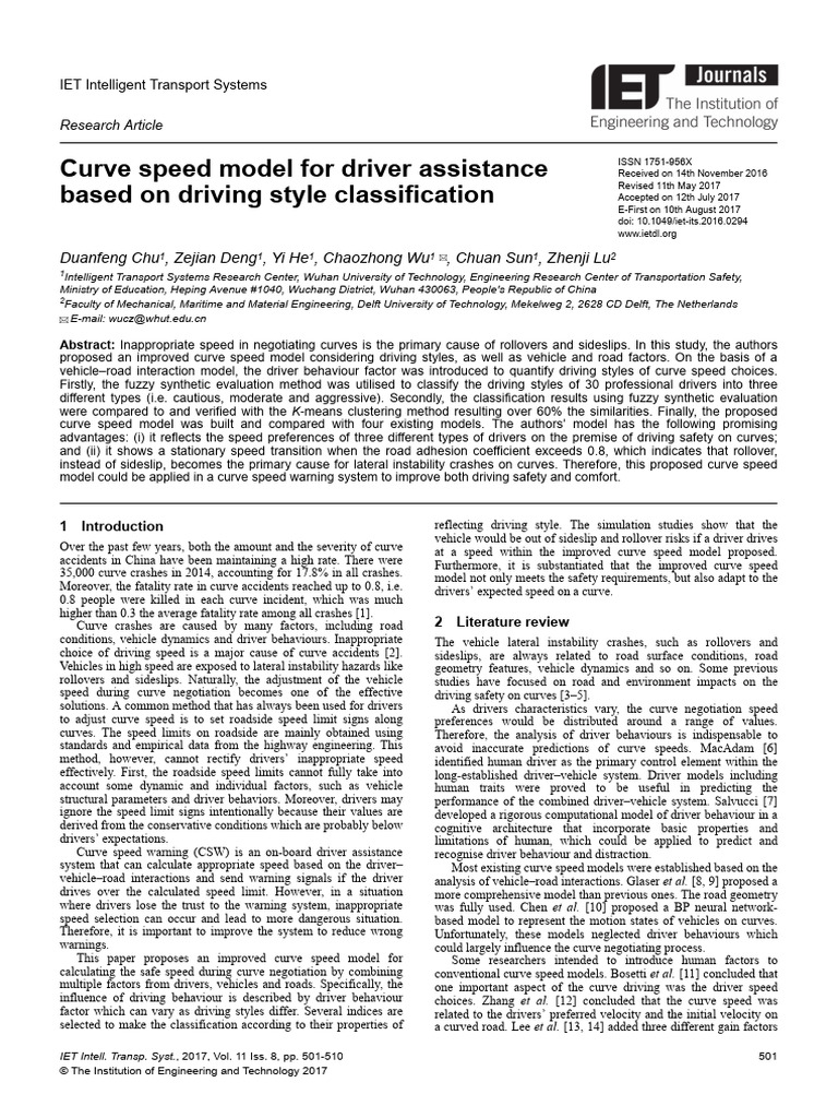 Curve Speed Model For Driver Assistance Based On Driving Style Classification | PDF | Traffic ...
