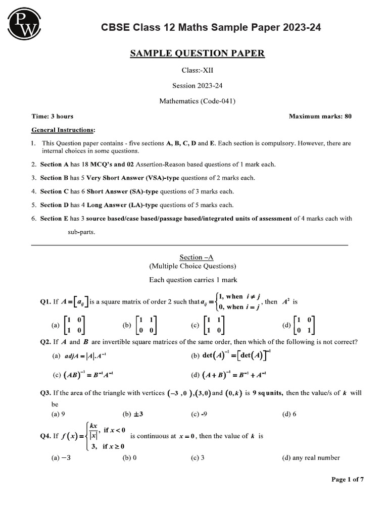 12 Maths Sample-Paper | PDF
