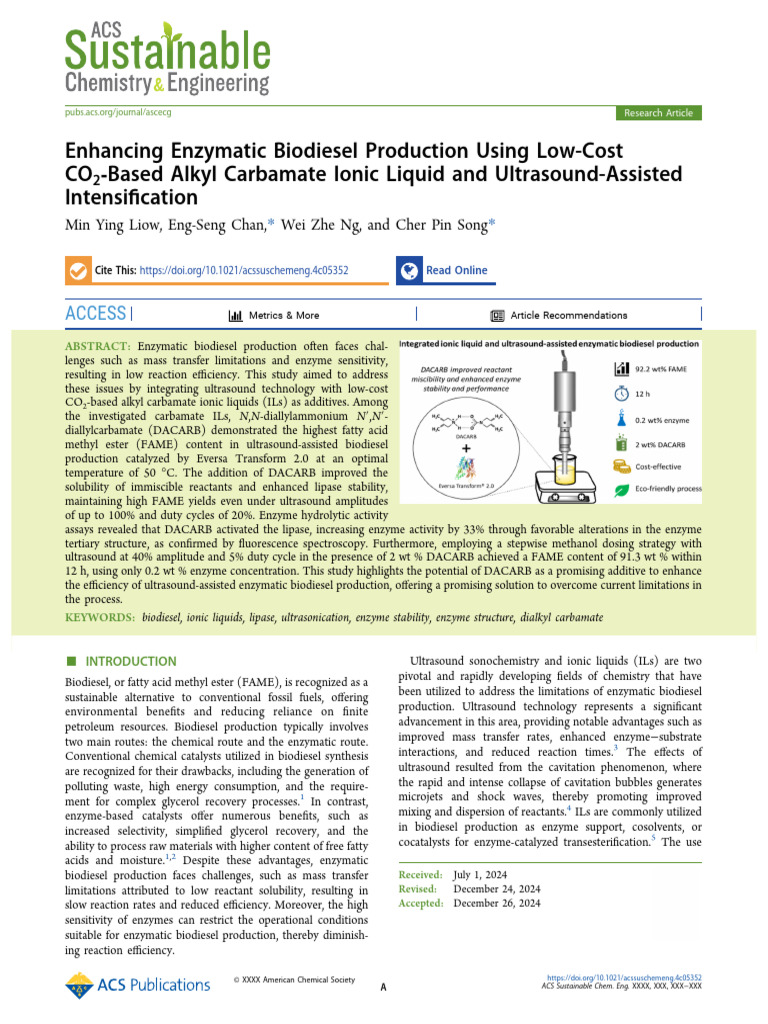 Enhancing Enzymatic Biodiesel Production Using Low-Cost CO2-Based Alkyl Carbamate Ionic Liquid ...