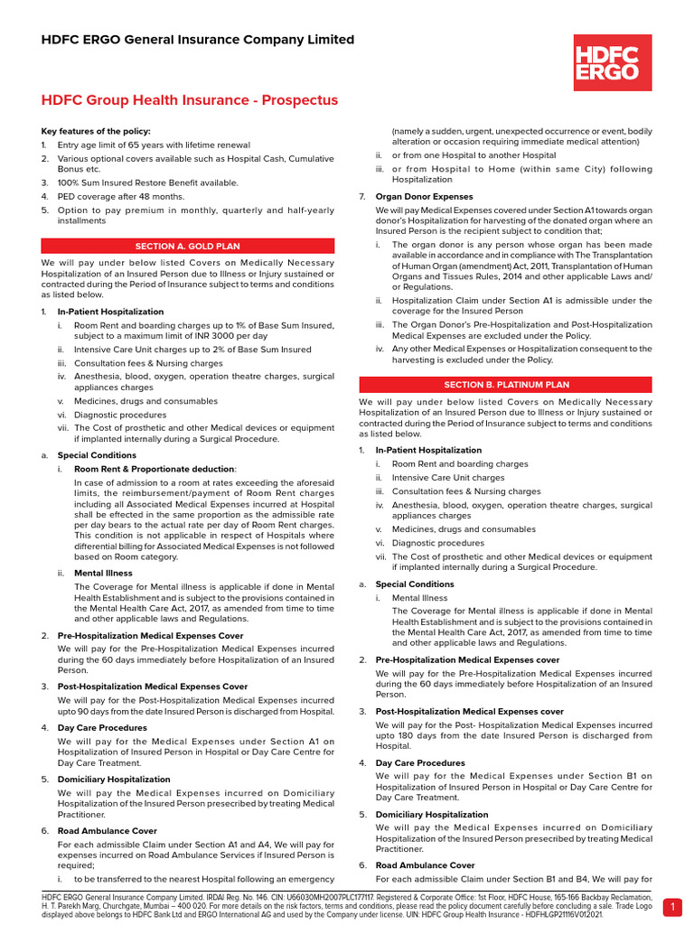 HDFC Group Health Insurance Prospectus | PDF | Insurance | Organ Donation