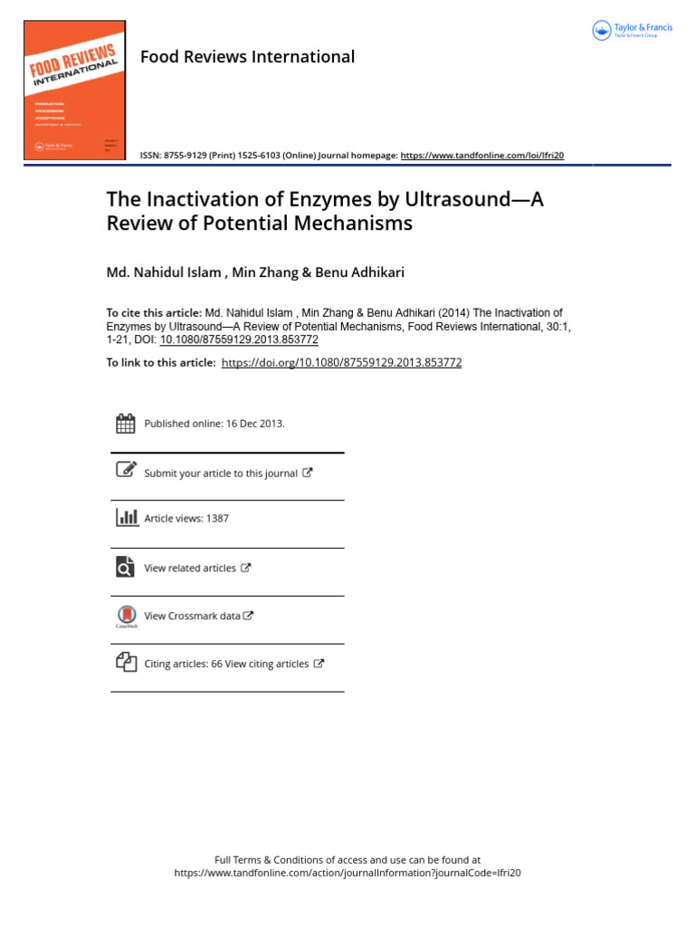 The Inactivation of Enzymes by Ultrasound a Review of Potential ...