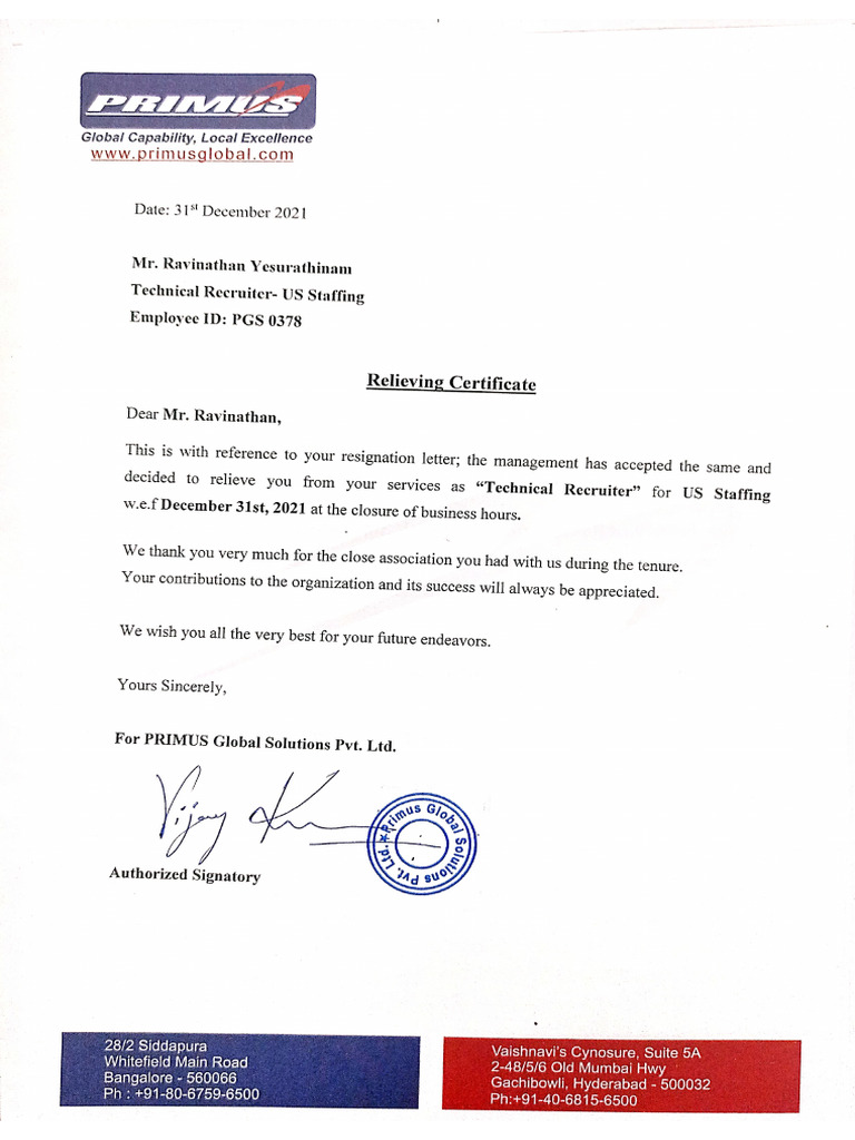 Relieving Letter | PDF