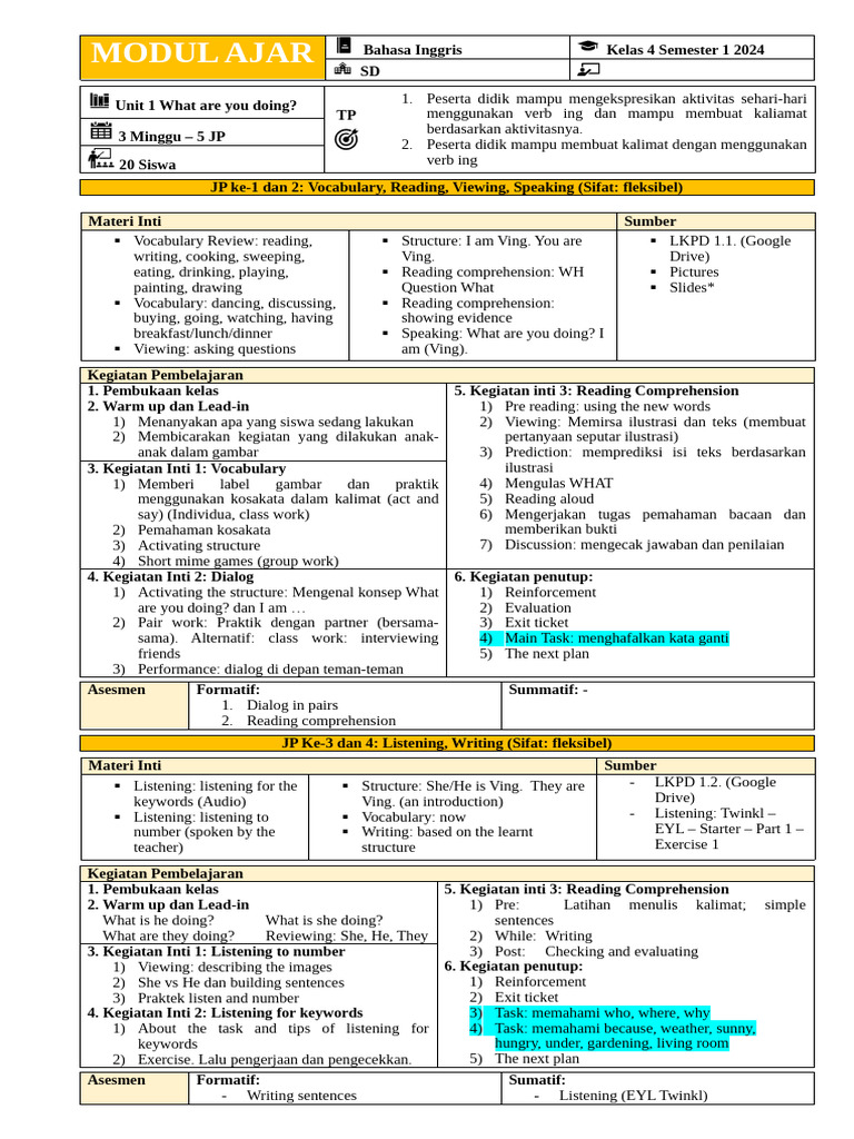 Modul Ajar Bahasa Inggris Kelas 4 | PDF | Reading Comprehension | Writing
