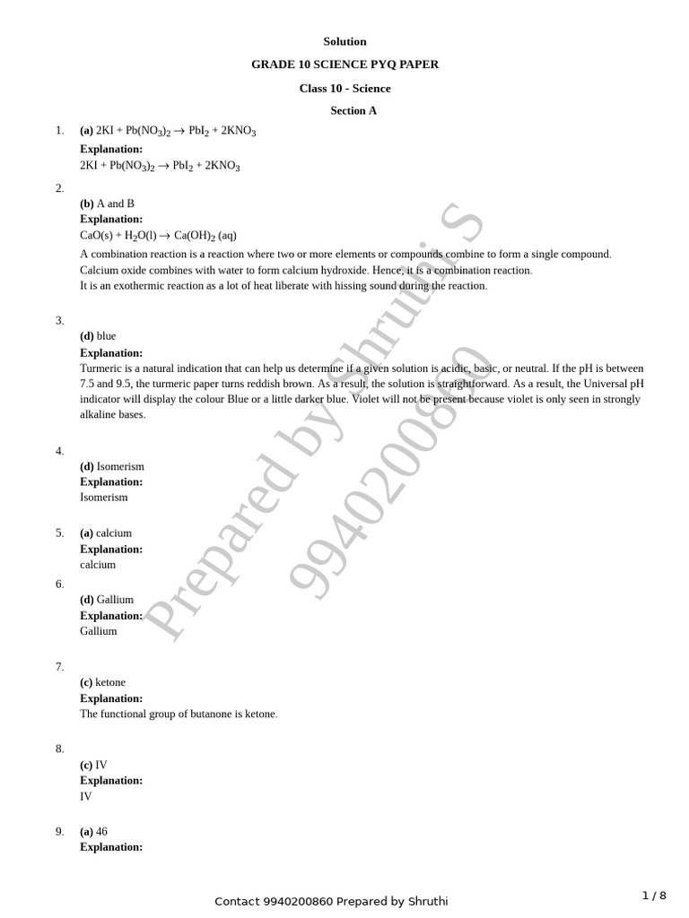 Grade 10 Science PYQ Paper Solns | PDF | Cellular Respiration | Synapse
