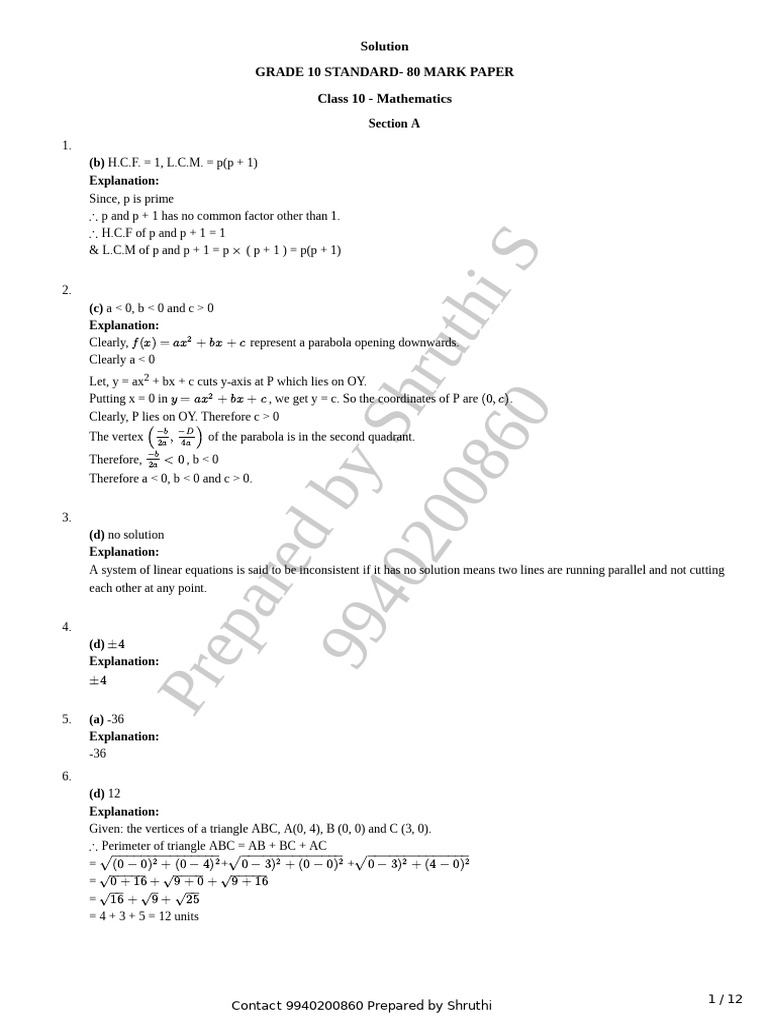 Grade 10 Standard- 80 mark Paper Solns | PDF | Circle | Perpendicular