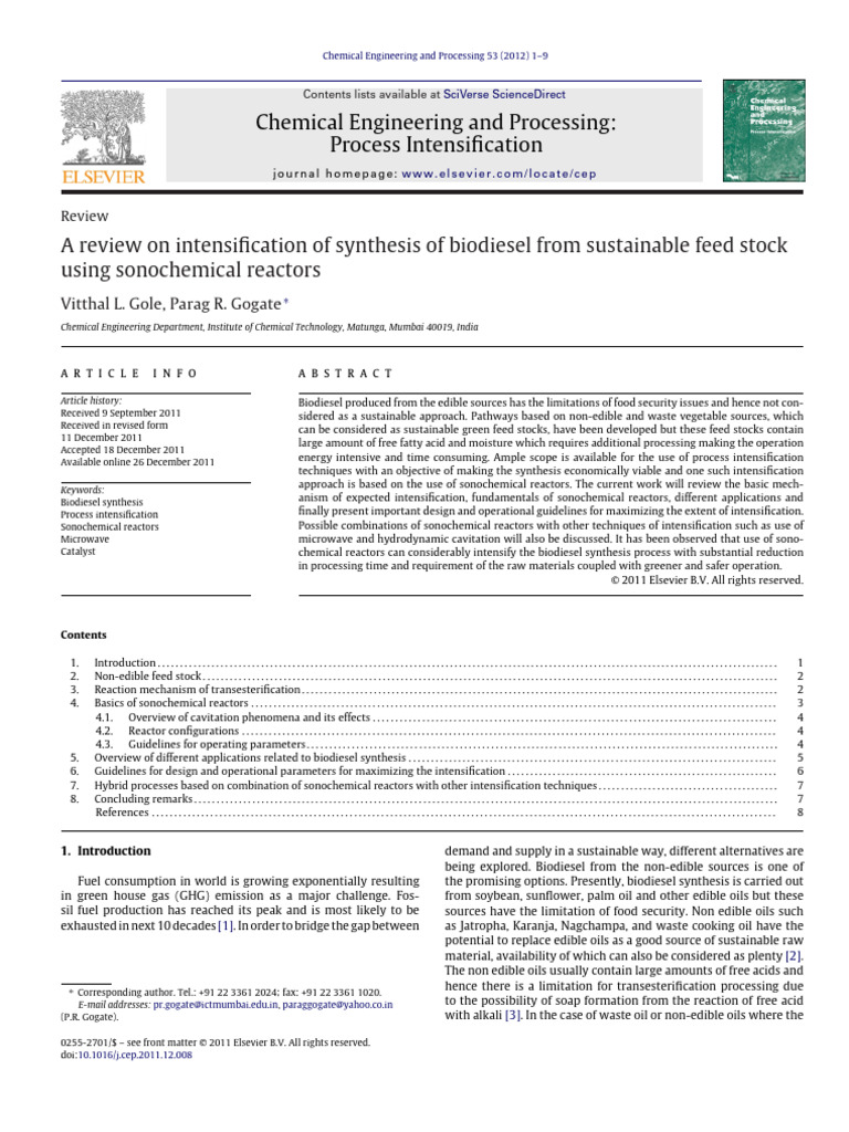 A review on intensification of synthesis of biodiesel from sustainable feed stock using ...