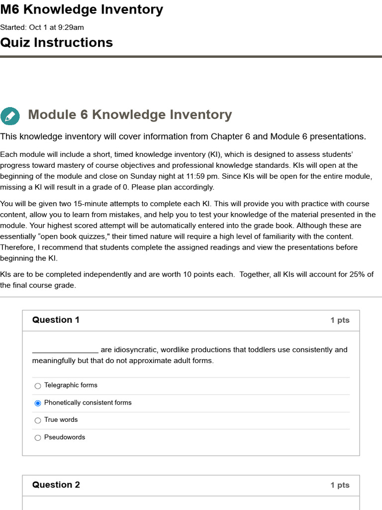 Quiz_ M6 Knowledge Inventory | PDF | Language Development | Speech