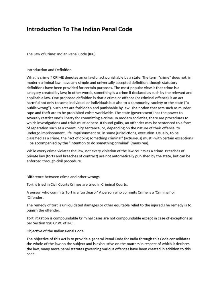 Introduction to the Indian Penal Code | PDF | Crimes | Crime & Violence