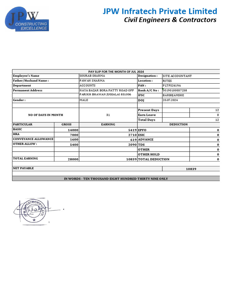 Sourab Jul Pay Slip 2024 | PDF