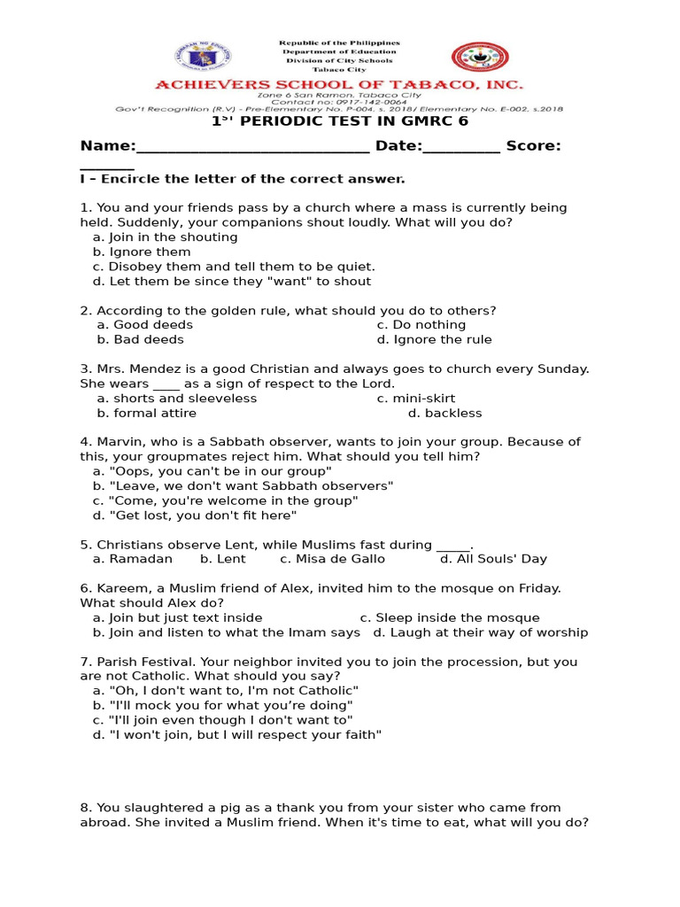 GMRC 6 Periodic Test Questions | PDF