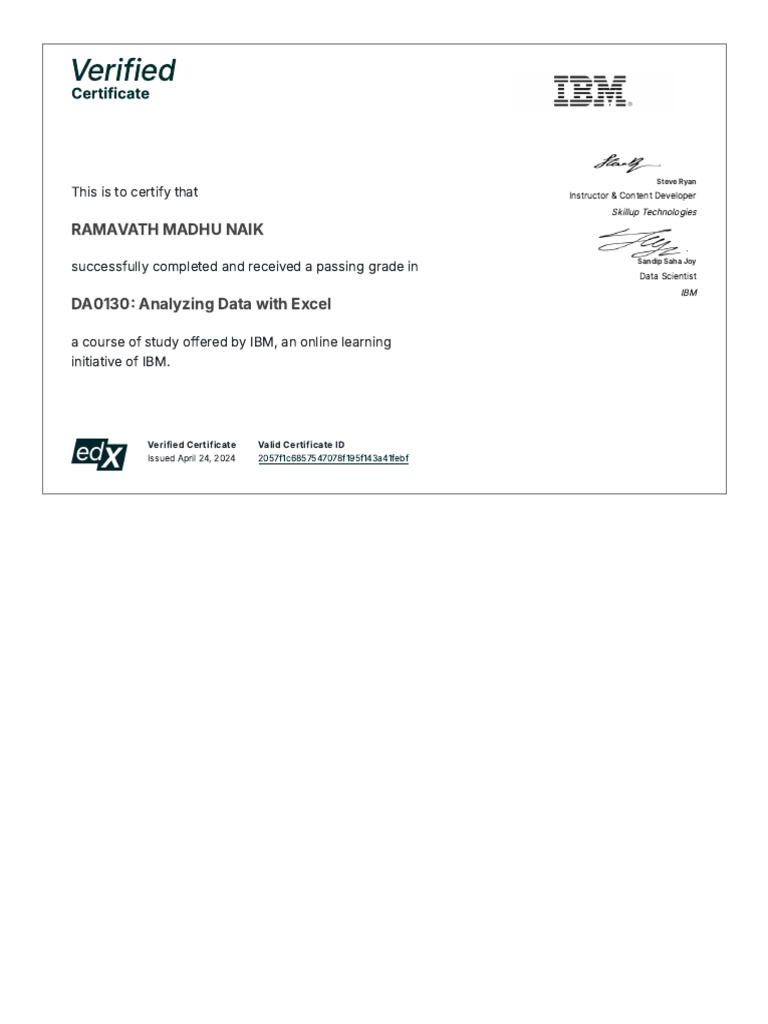 IBM Data Analysis with Excel Certificate | PDF